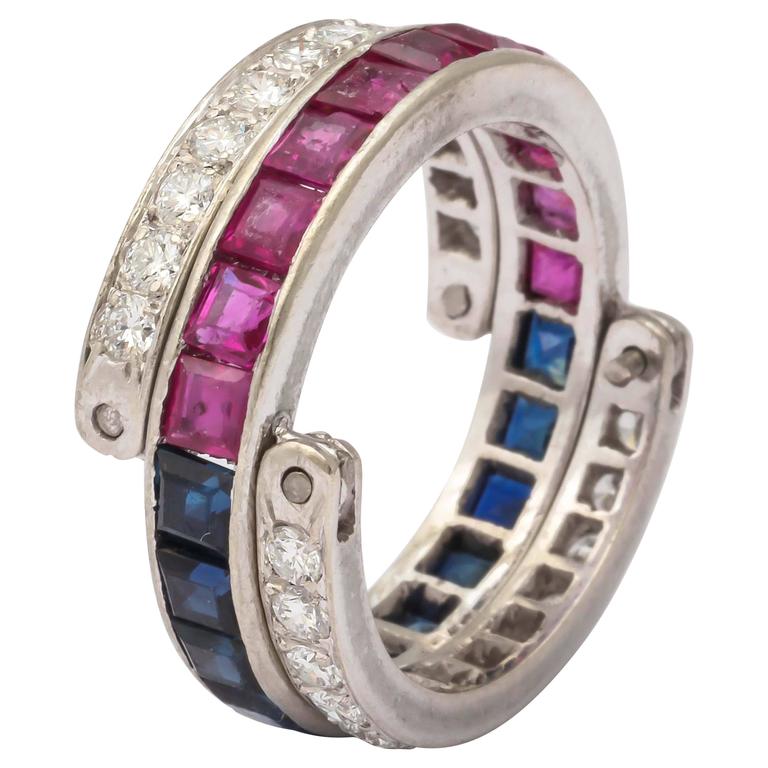 Art Deco Platinum Square Cut Ruby Sapphire With Diamonds Flip Ring at ...