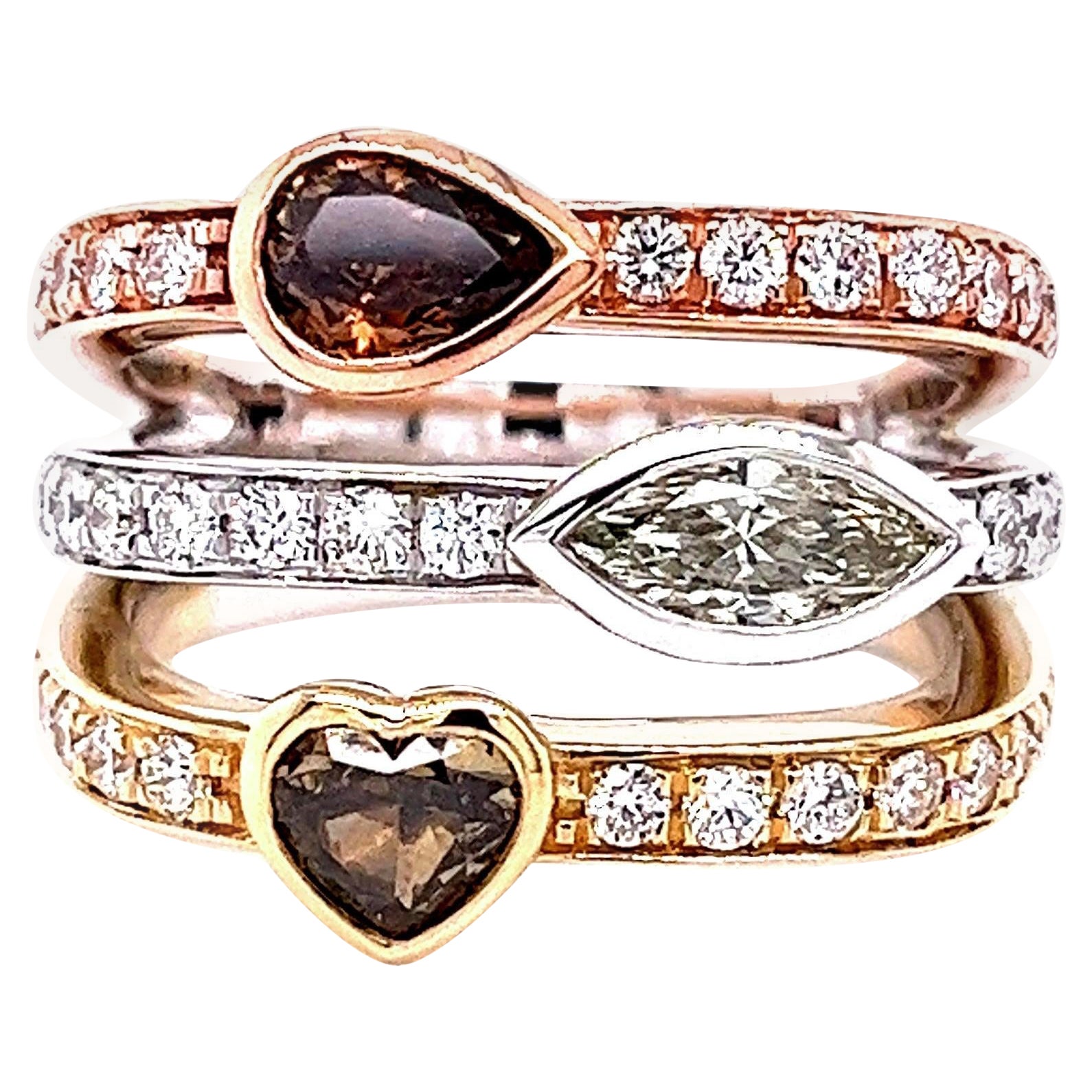 14k Tri-Tone Gold 2.57 Carat Fancy Diamond Triple Row Ring For Sale at ...