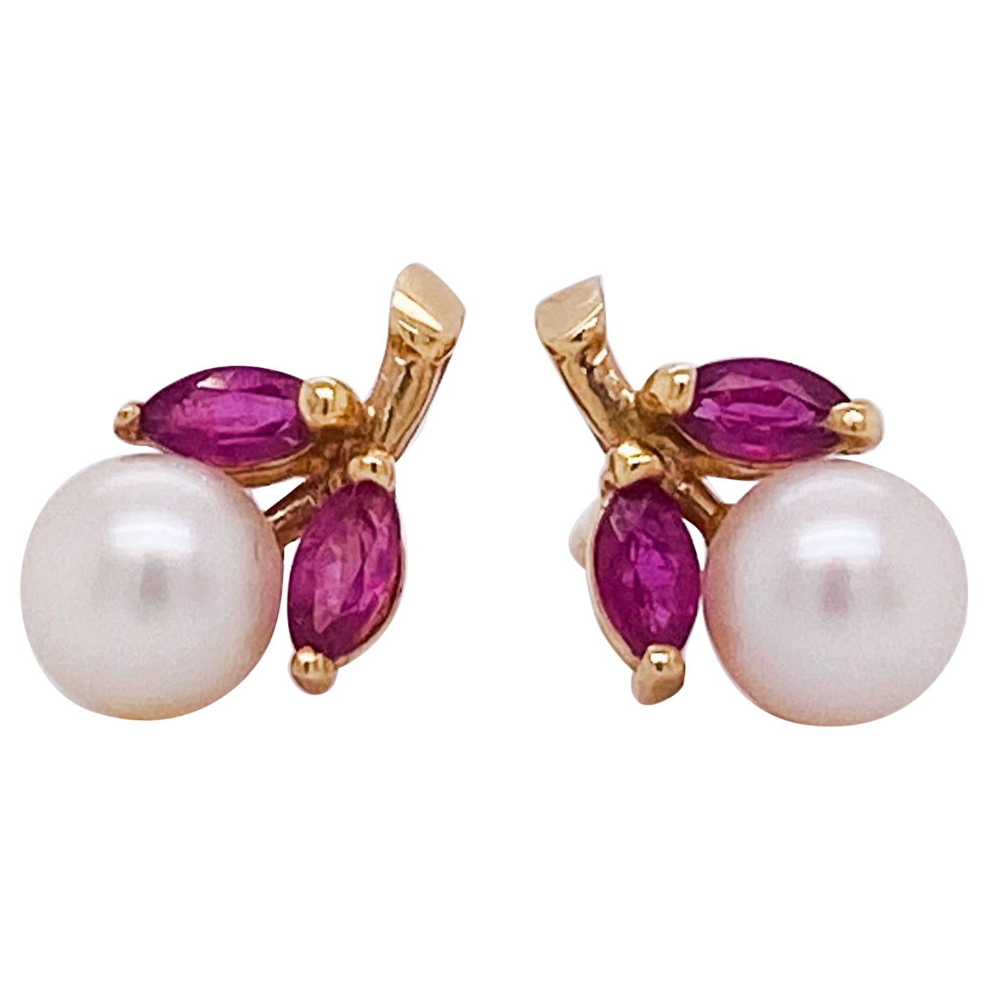 Sweet Cherry Studs, Pearl and Ruby Cherries, 14K Yellow Gold, June and ...