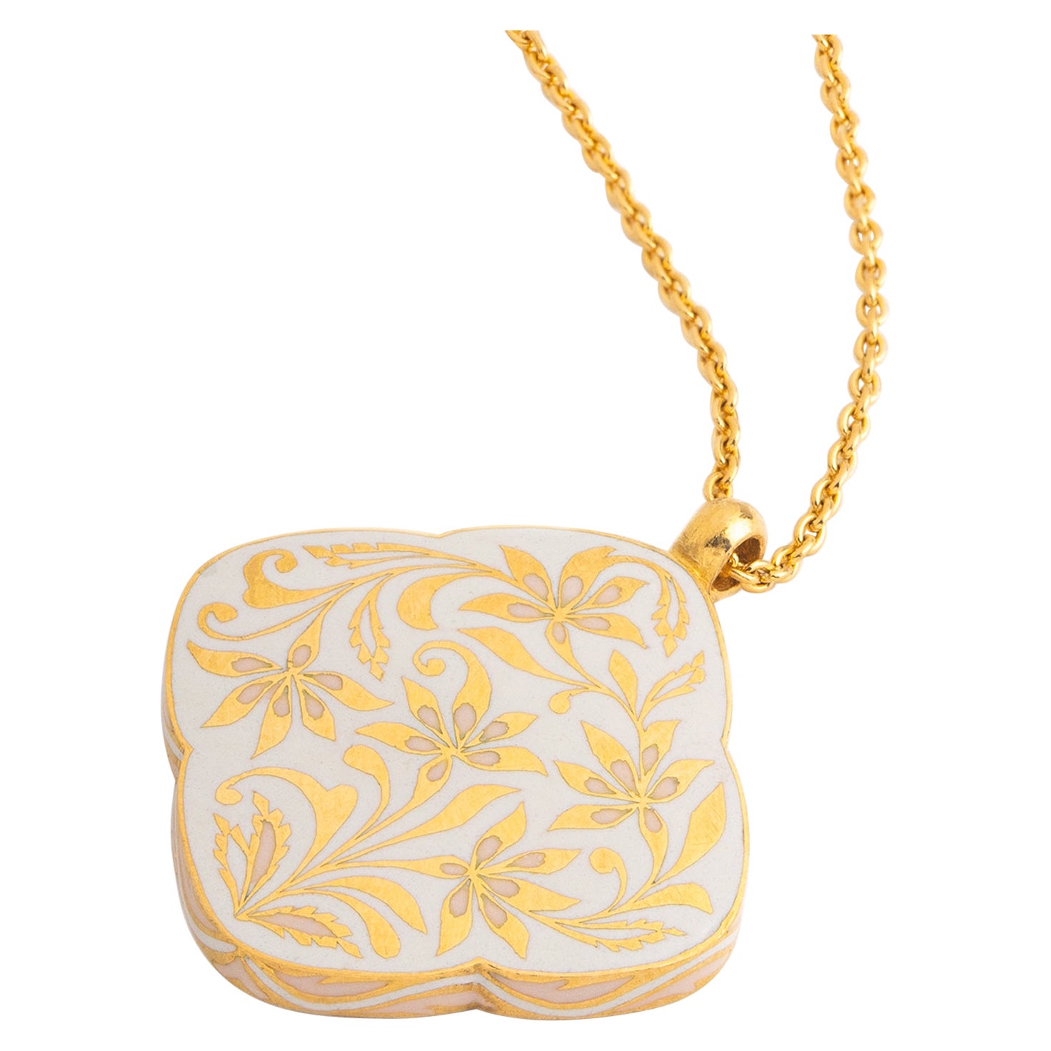 22K Gold Rose Cut Diamond and Floral Enamel Pendant Necklace Handmade ...