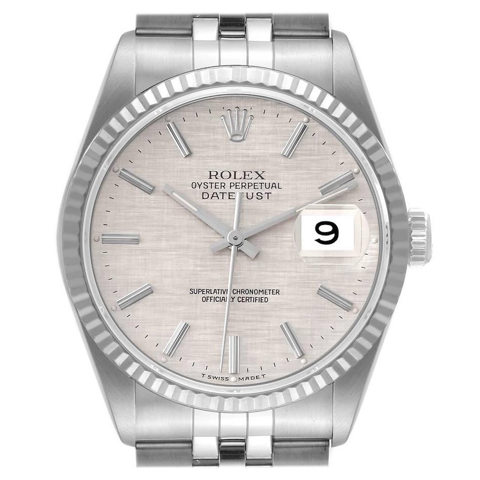 Rolex Datejust Steel White Gold Silver Linen Dial Mens Watch 16234 Box ...