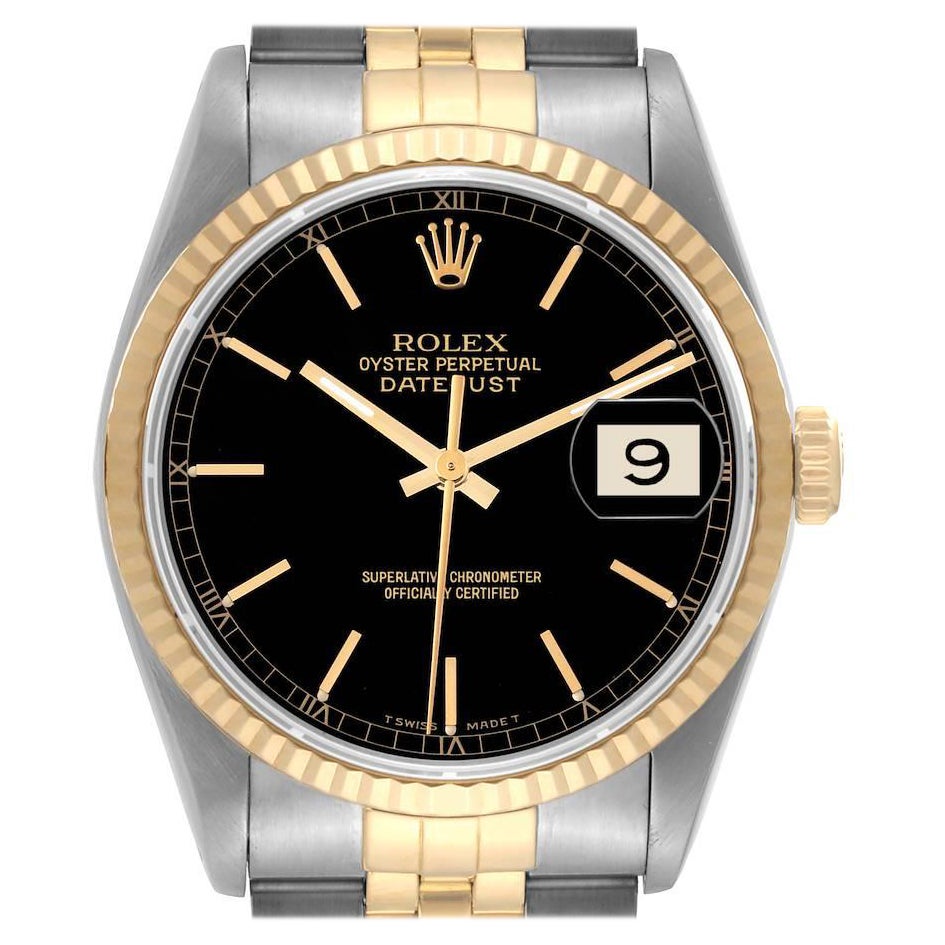 Rolex Datejust 16233 Black Diamond Dial Bezel 18 Karat Gold Steel Box ...