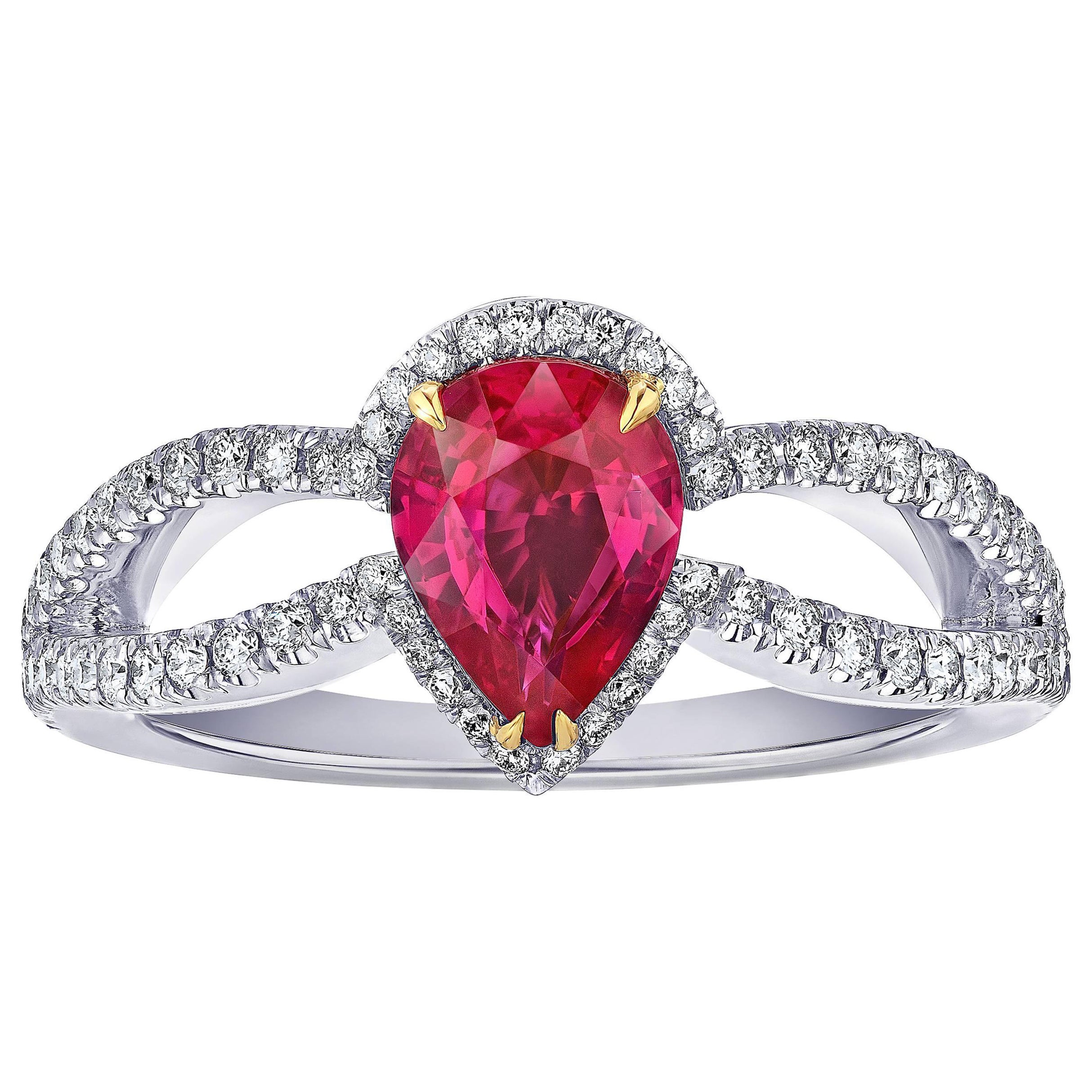 1.42 Carat Pear Shape Ruby and Diamond Platinum Ring For Sale at 1stDibs