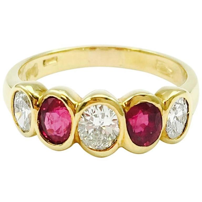 Damiani Ruby Diamond Five-Stone Gold Band Ring at 1stDibs
