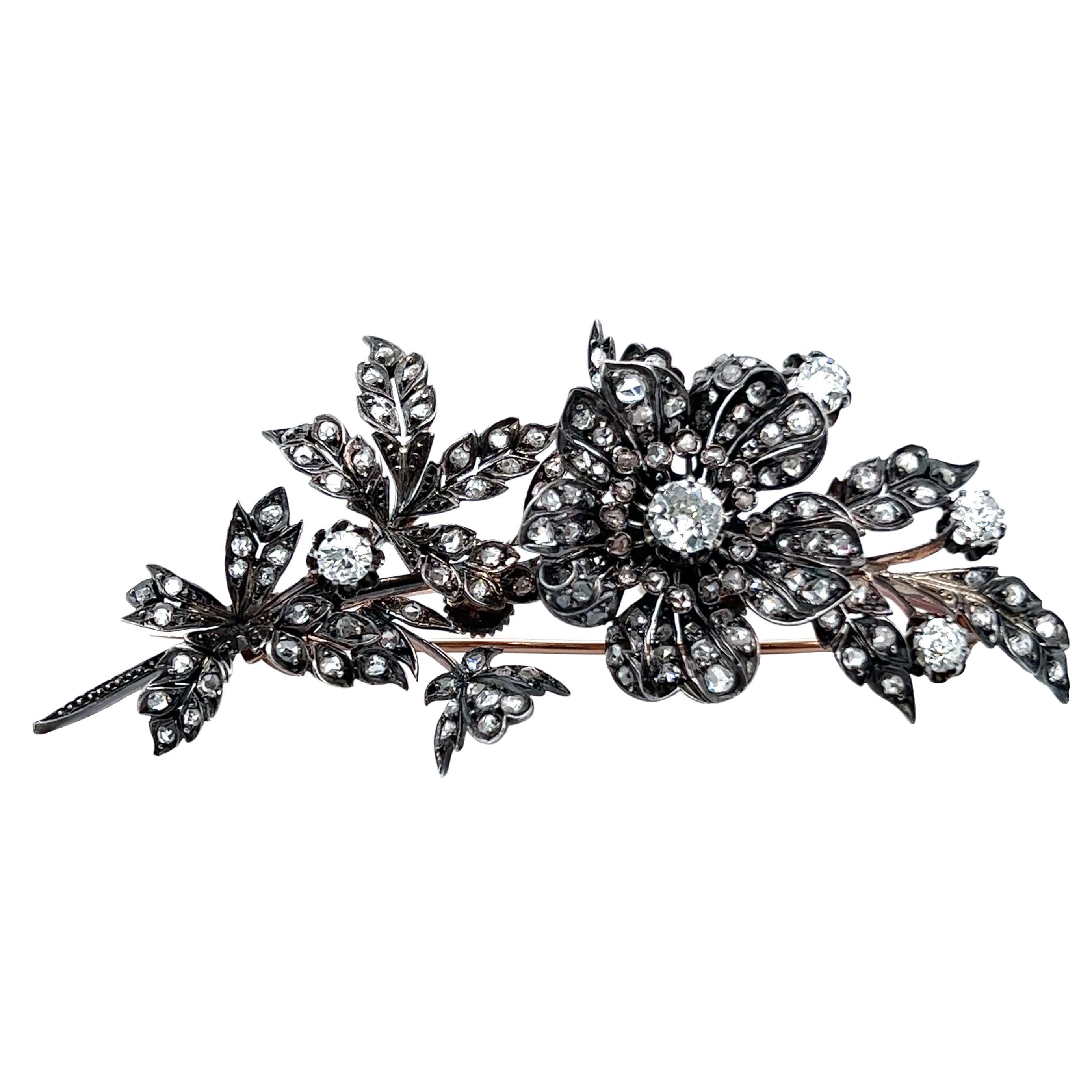 Victorian Floral Diamond Brooch in 18 Karat Rose Gold and Silver For ...