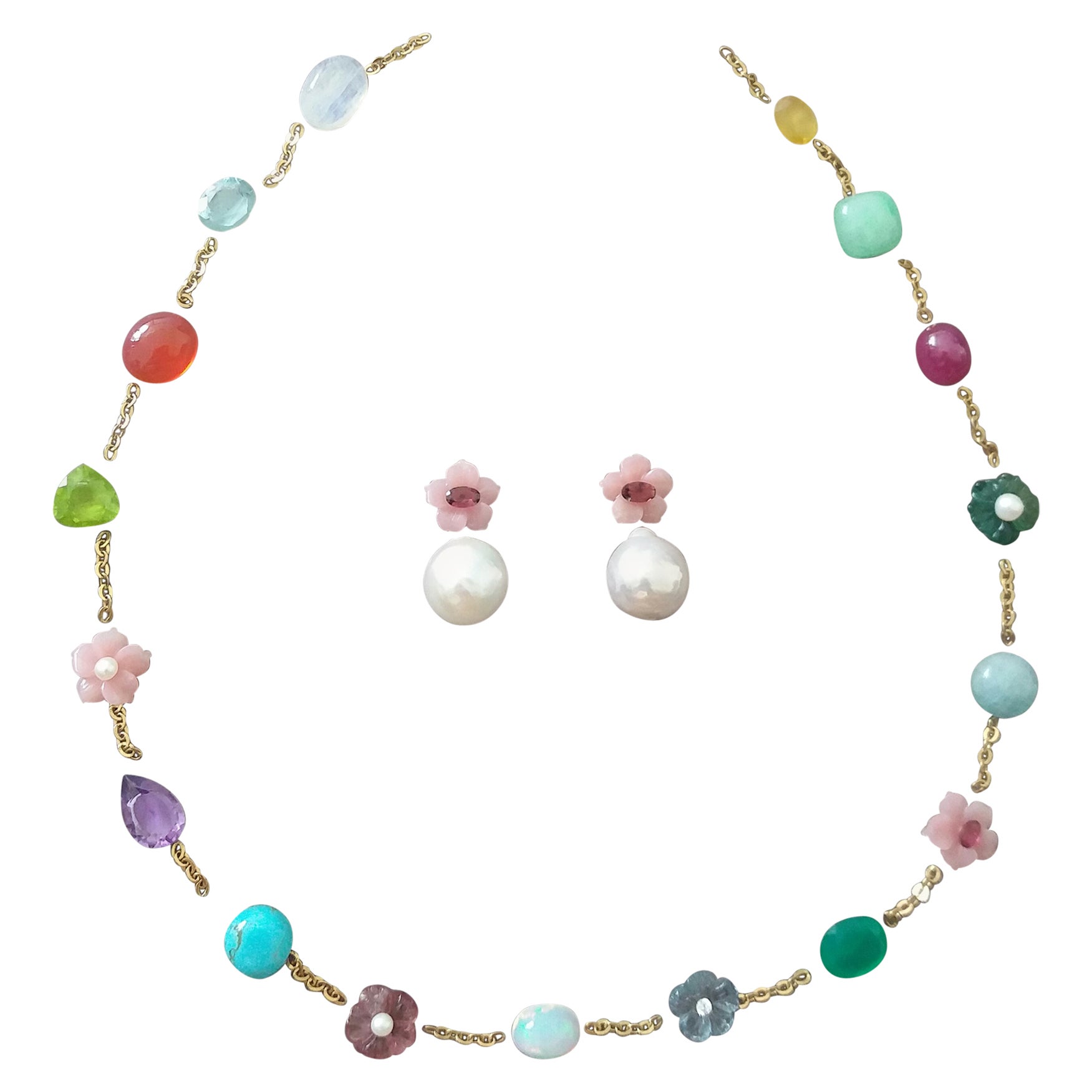 14k Gold Chain Earrings With 17 Gemstones Flowers Cabs Faceted Stones ...