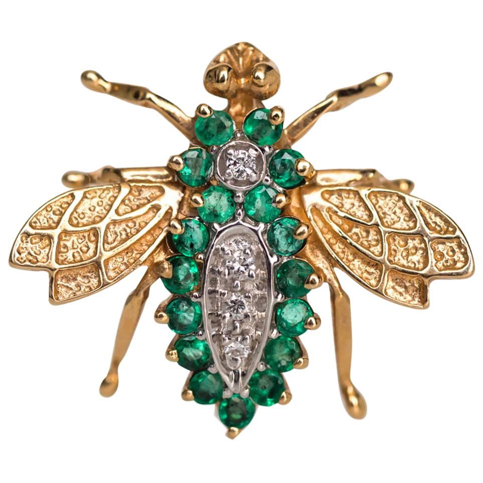 1970s Emerald Diamond Gold Bee Pin at 1stDibs