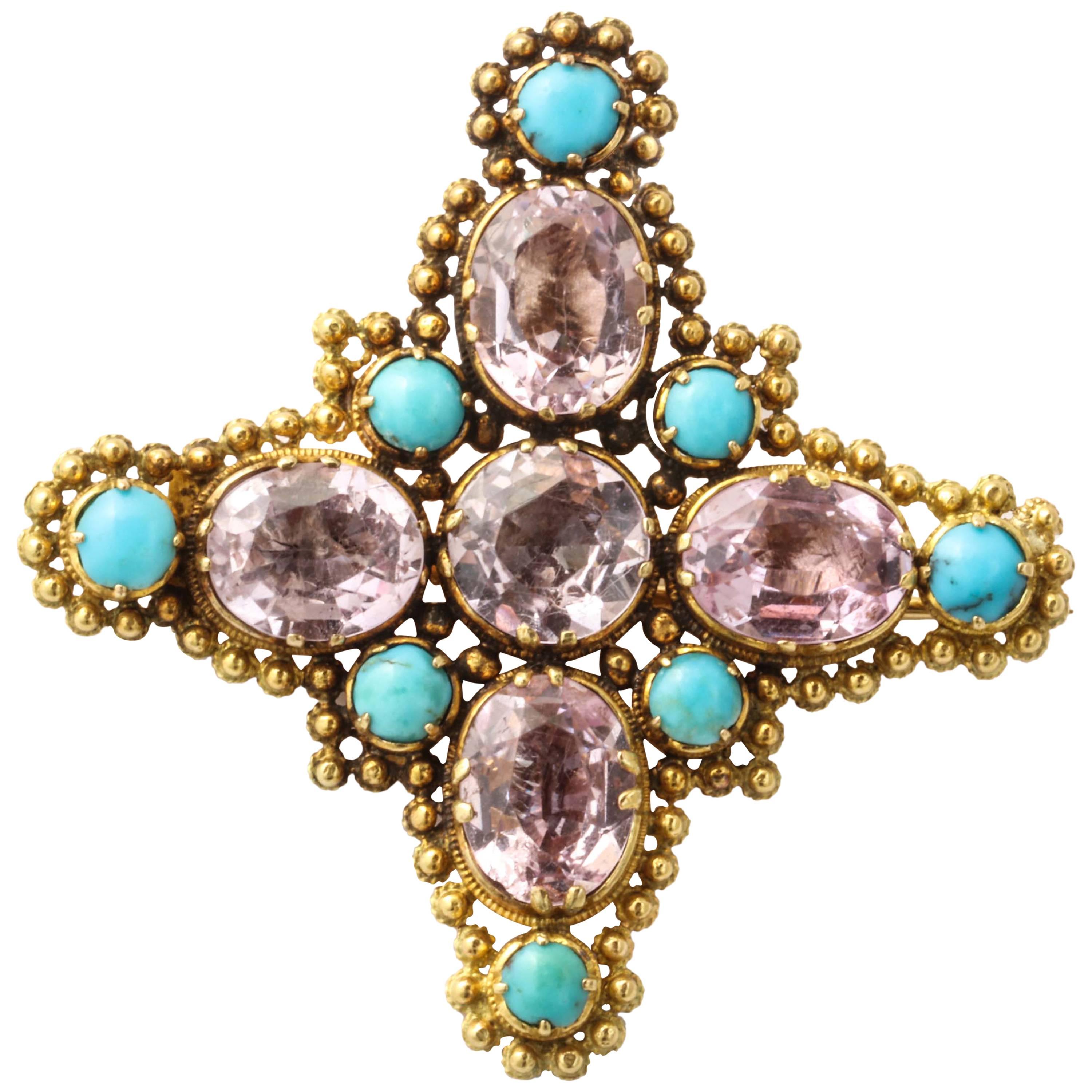 Georgian Pink Topaz and Turquoise Pin For Sale at 1stDibs