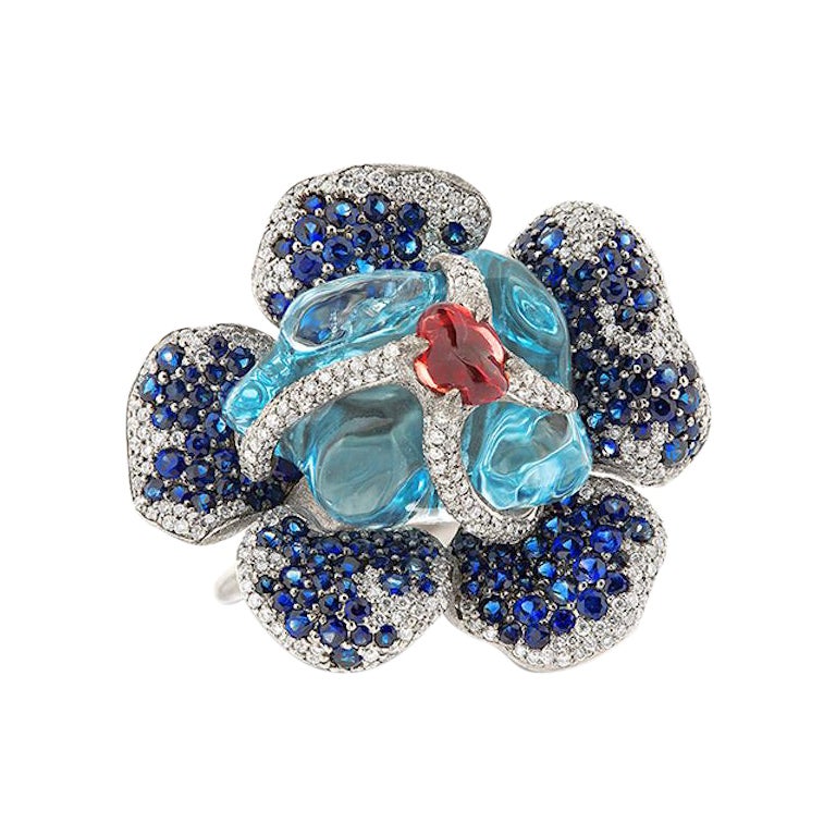 Flower Theme Ring in 18KW Gold with Diamonds, Blue and Orange Sapphires ...