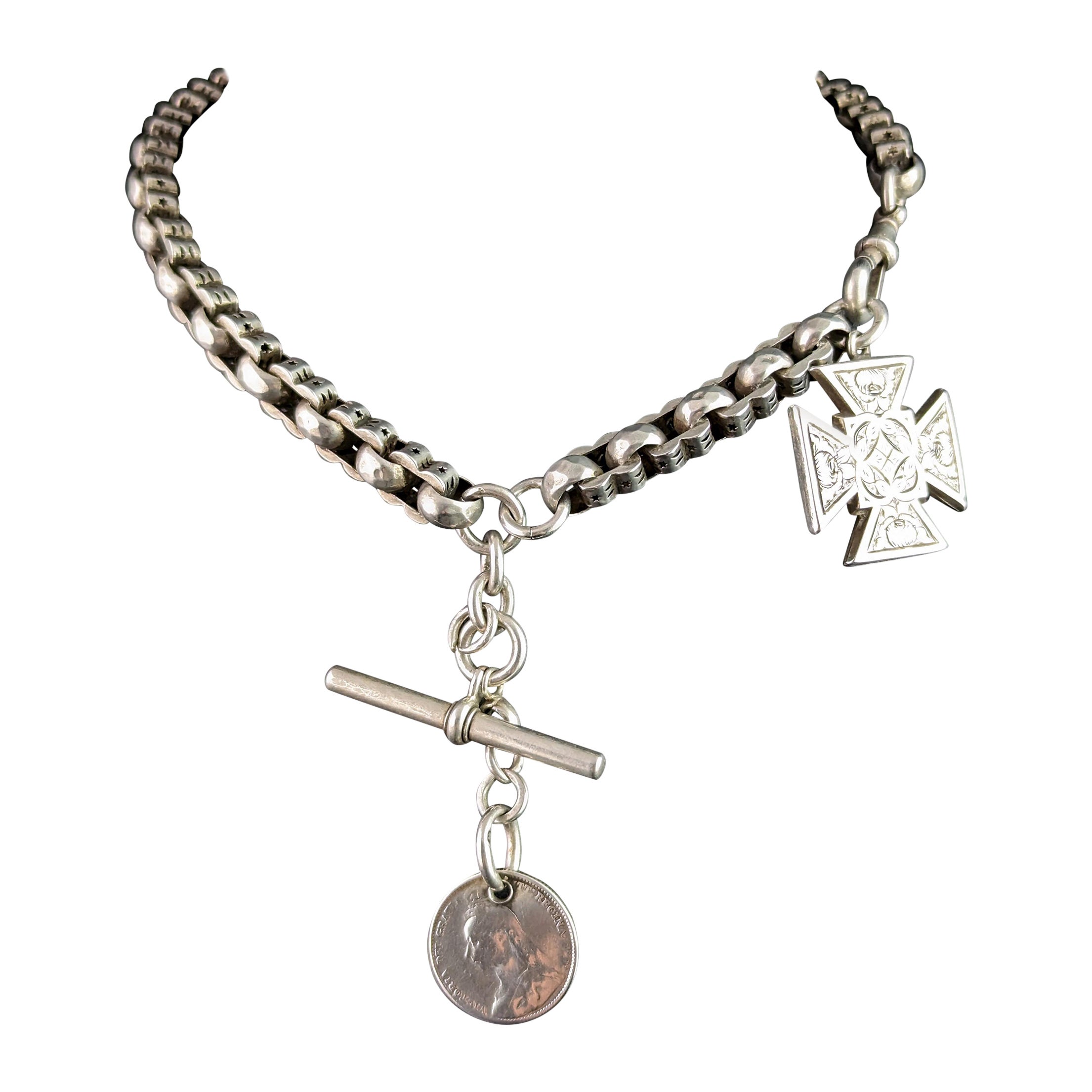 Antique silver Albert chain, fancy link, watch chain, Cross and coin ...
