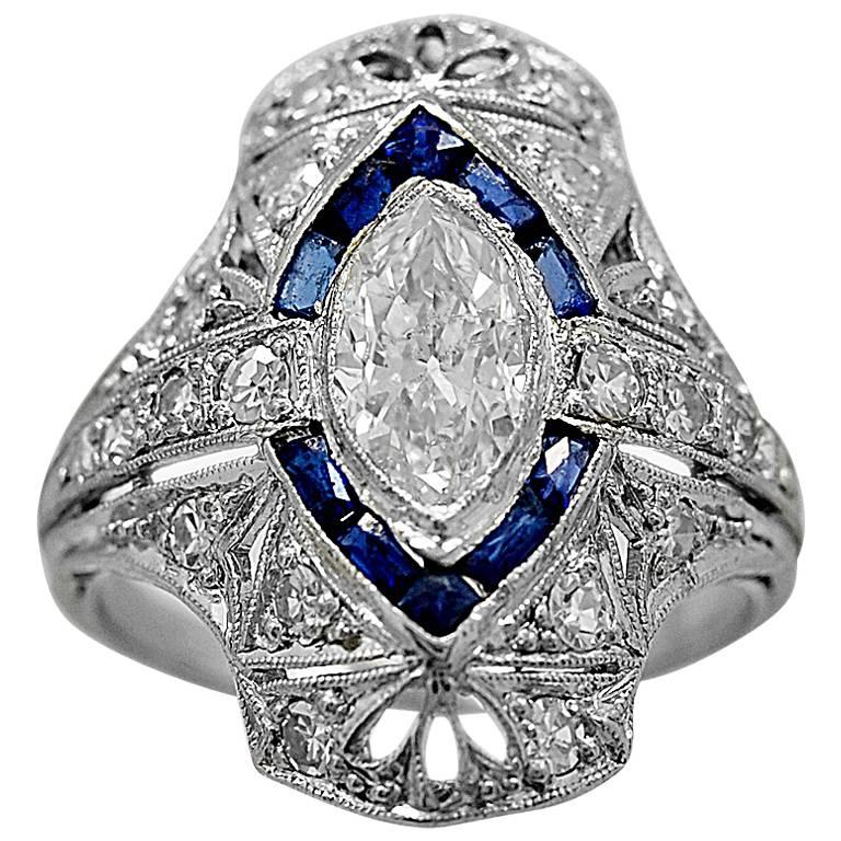 Art Deco .95 Carat Diamond Sapphire Platinum Engagement Ring at 1stDibs