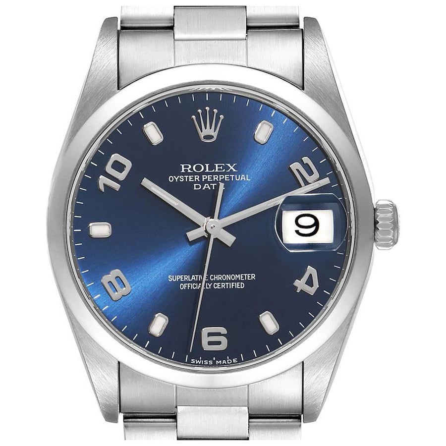 Rolex Date Blue Dial Smooth Bezel Steel Mens Watch 15200 For Sale at ...