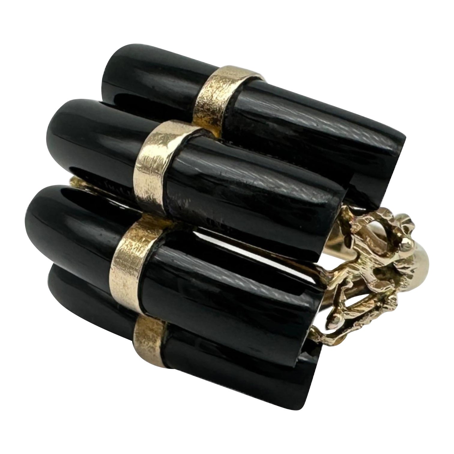 14K Yellow Gold Black Onyx Polished Striped Wire Work Domed Scalloped ...