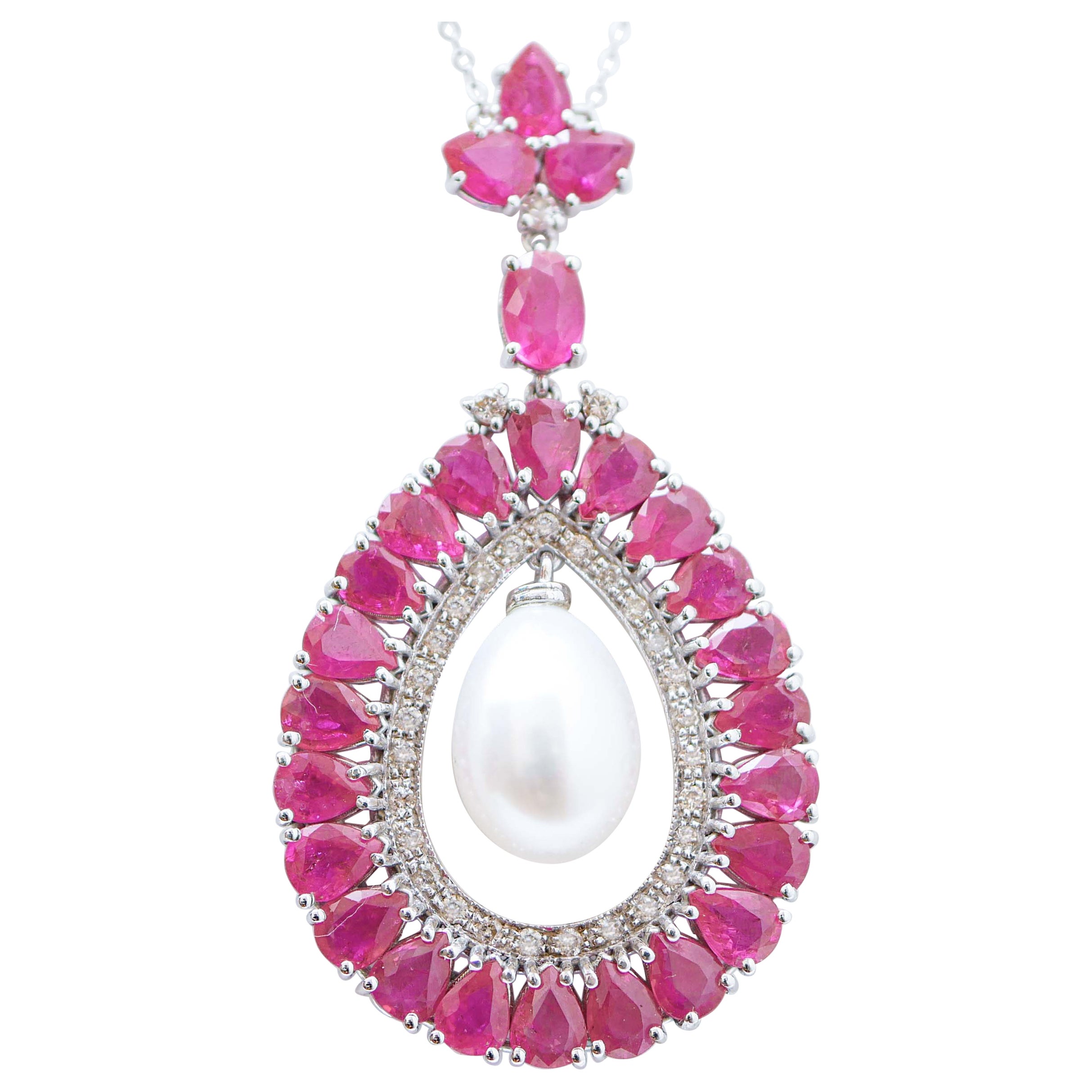 Pearl, Rubies, Diamonds, 14 Karat White Gold Pendant. For Sale at 1stDibs