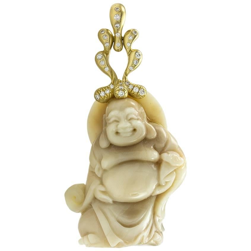 Donald Huber Carved White Coral Diamond Gold Buddha Pendant at 1stDibs