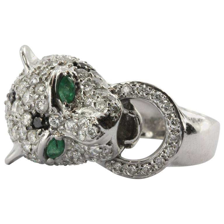 Emerald Diamond Gold Figural Leopard Ring at 1stDibs