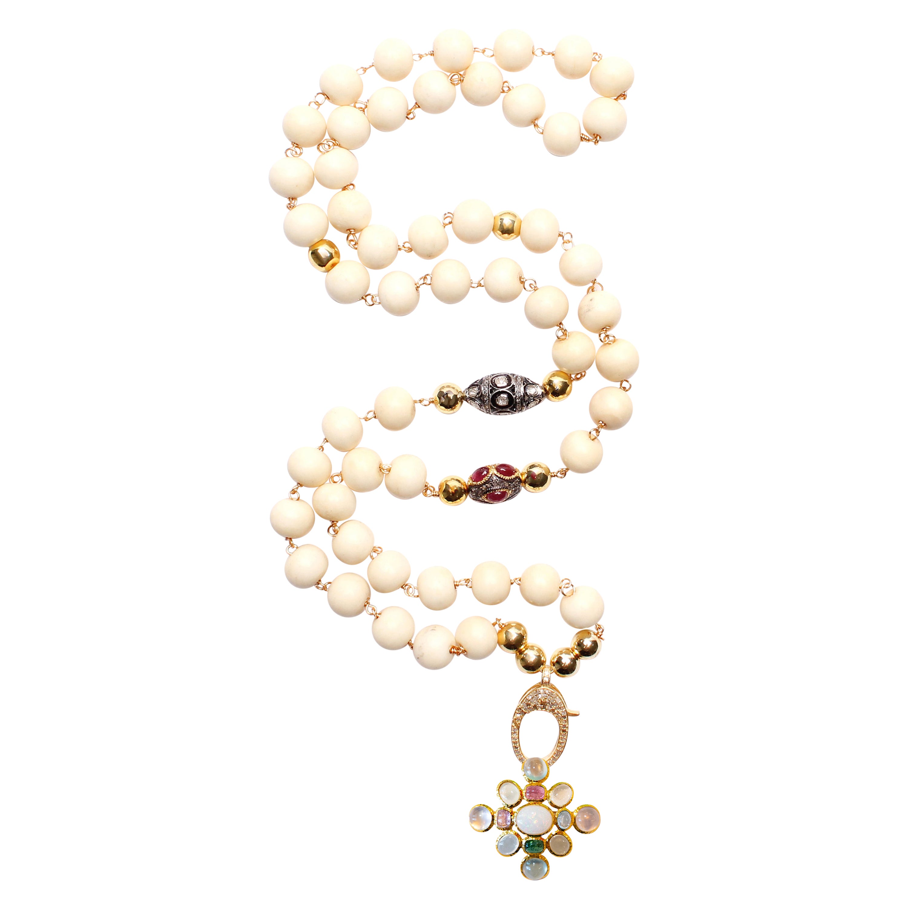 CLARISSA BRONFMAN Bone Diamond Ruby Gold Rosary and Sapphire Polki ...