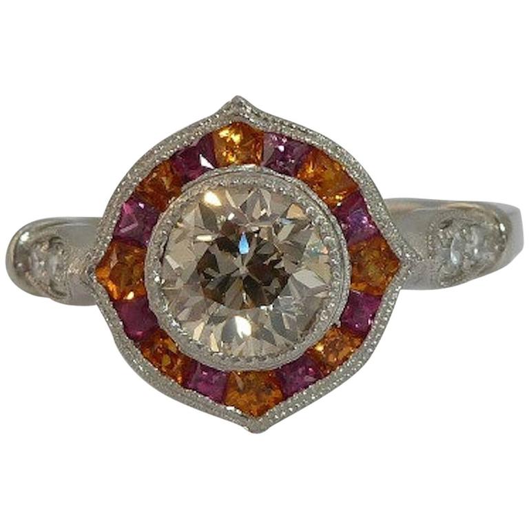 Ravishing Champagne Diamond Ruby Sapphire Platinum Ring at 1stDibs