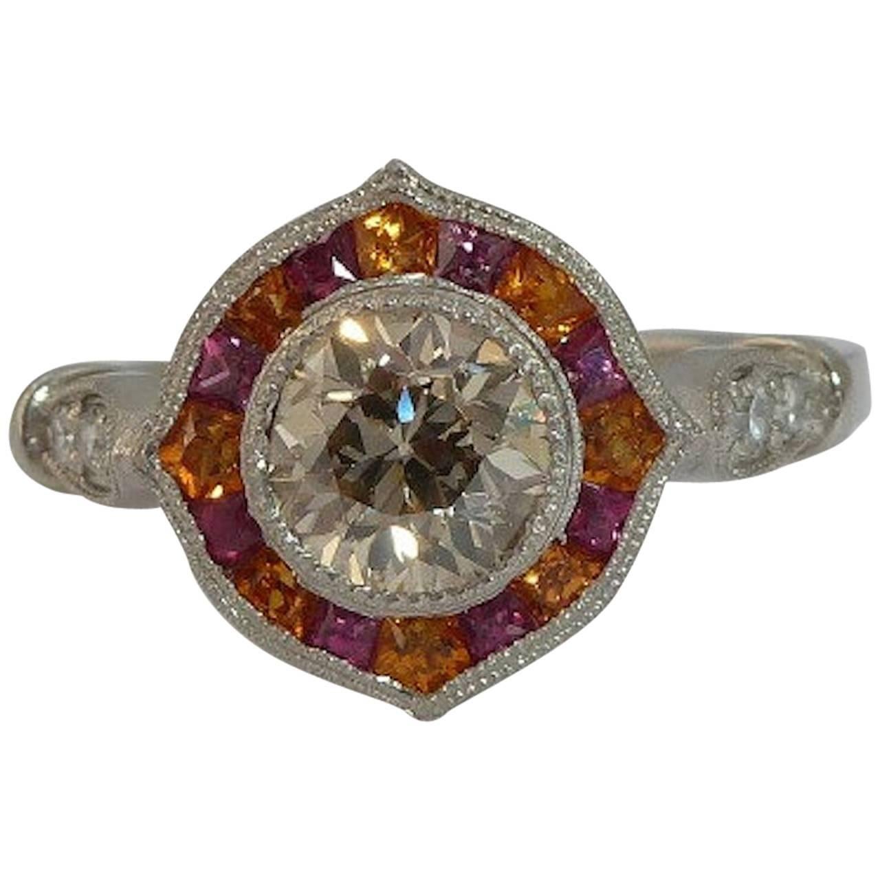 Ravishing Champagne Diamond Ruby Sapphire Platinum Ring at 1stDibs