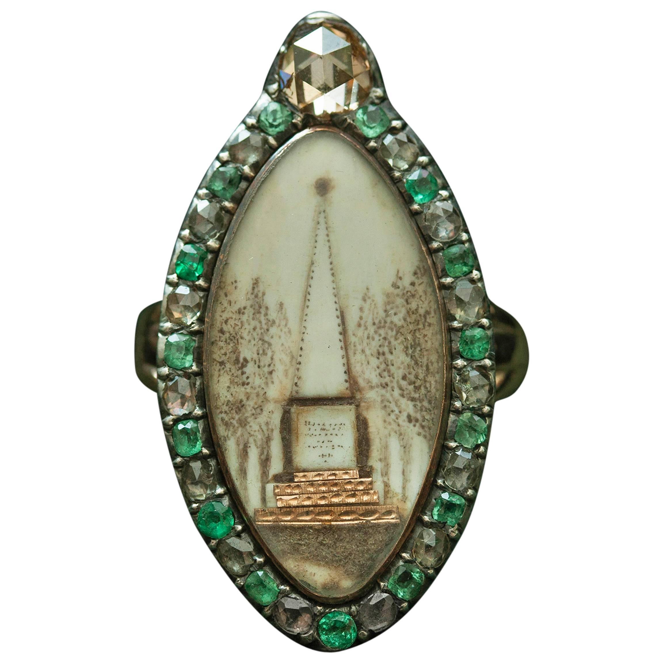 Georgian Emerald Diamond Gold Memorial Ring at 1stDibs