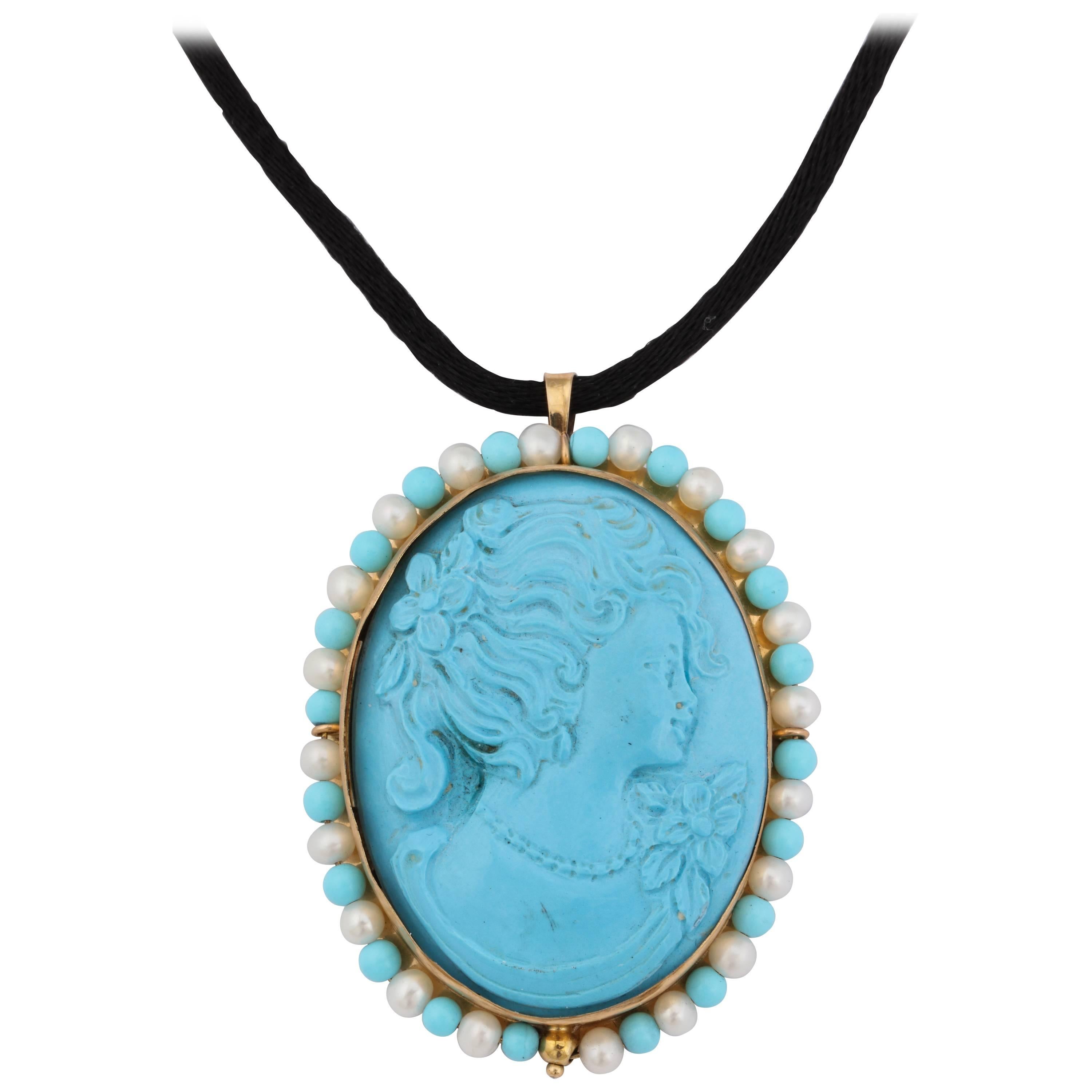 Amedeo "Amalfi" Cameo Turquoise Pearls Brooch Pendant For Sale at 1stDibs