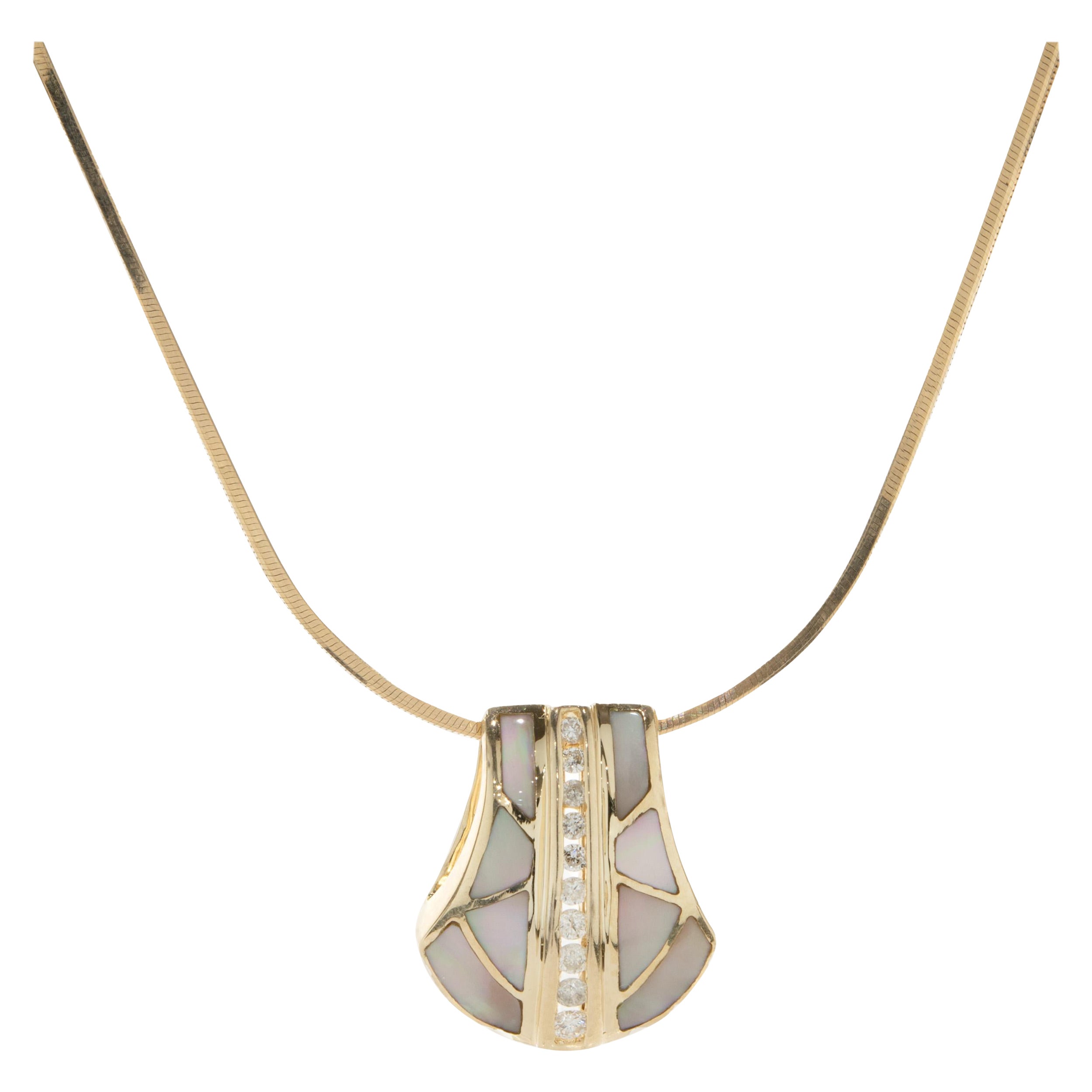 14 Karat Yellow Gold Mother of Pearl and Diamond Slide Pendant For Sale ...