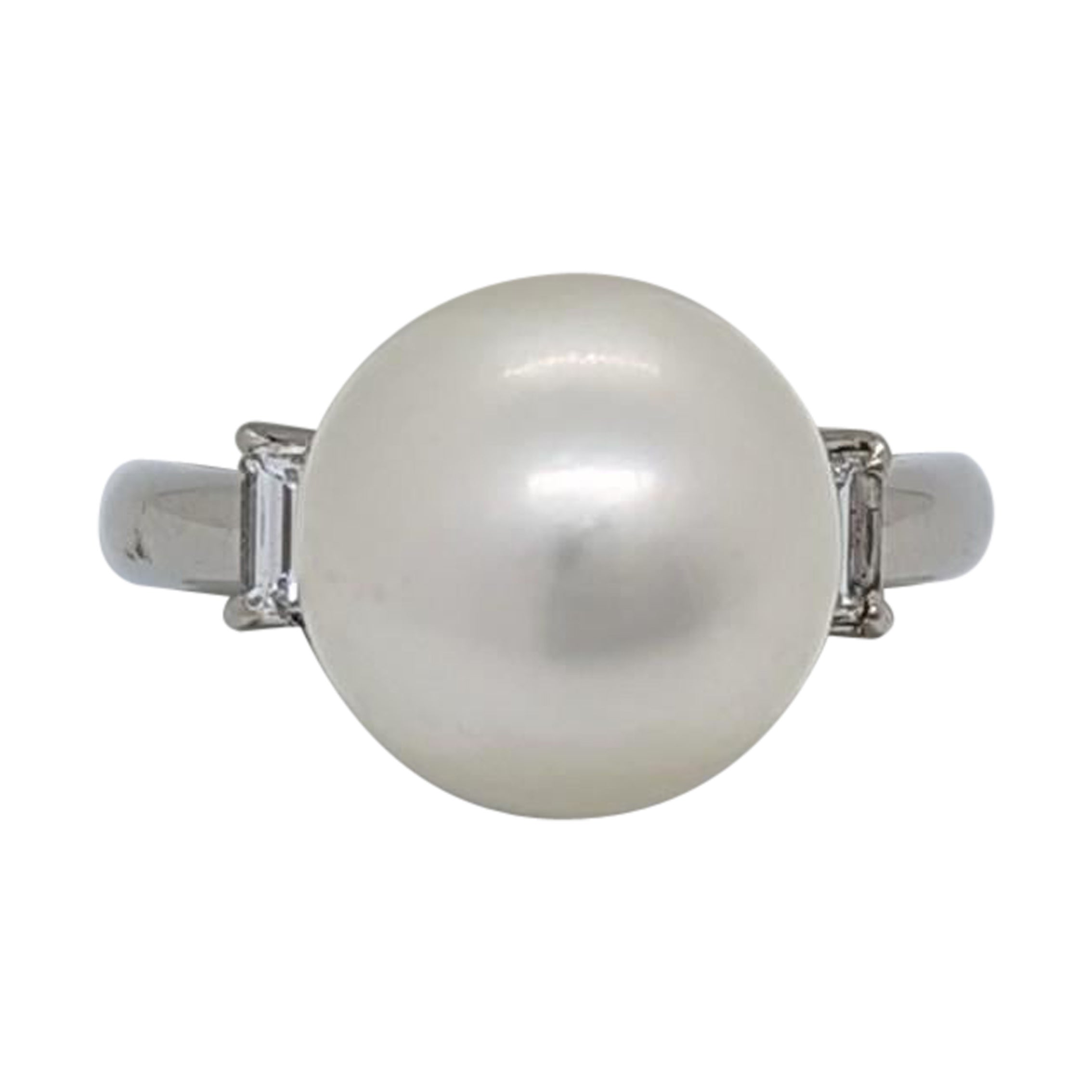 White South Sea Pearl and Emerald Cut Diamond Ring in Platinum For Sale ...