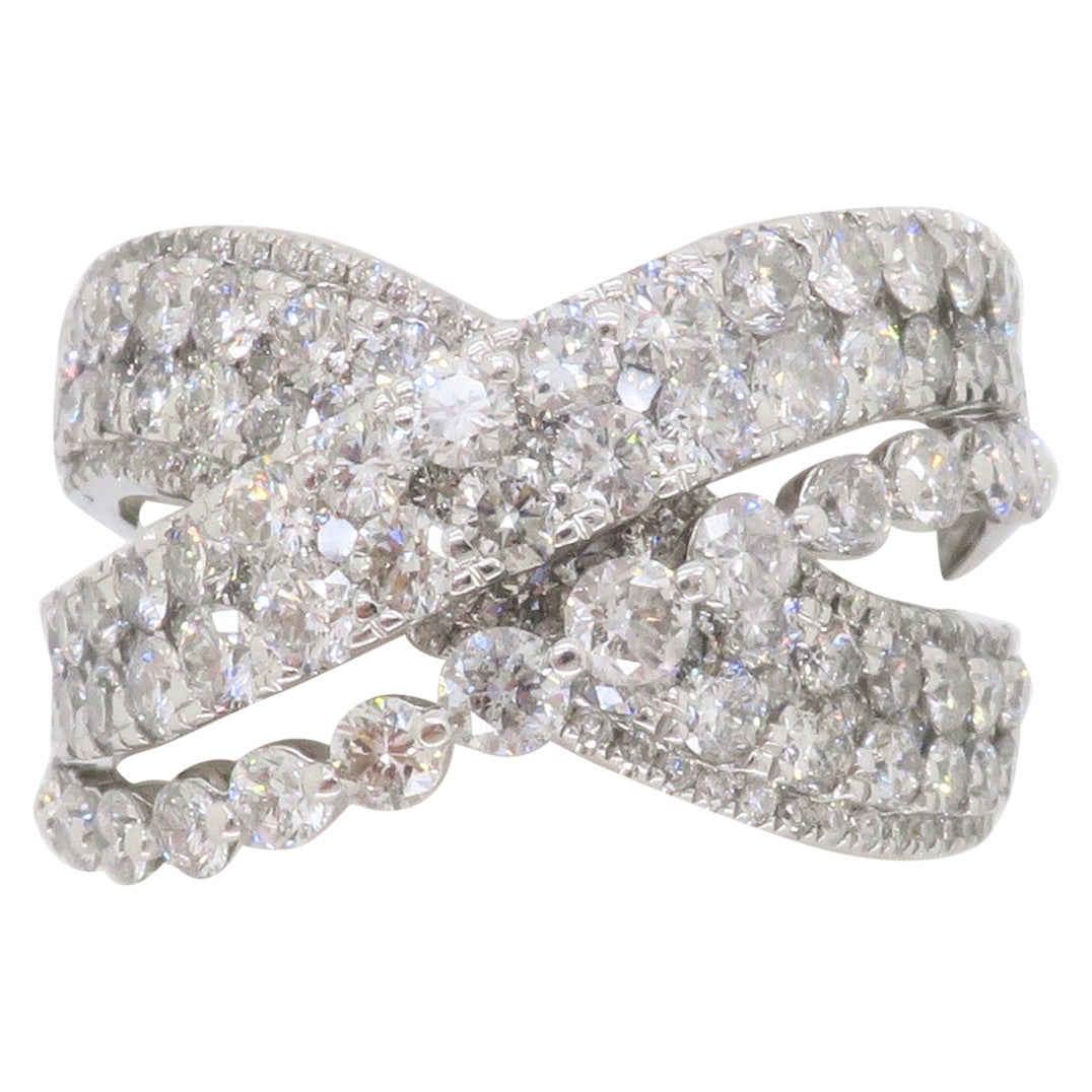 Diamond Encrusted Cross Over Band in 14k White Gold For Sale at 1stDibs