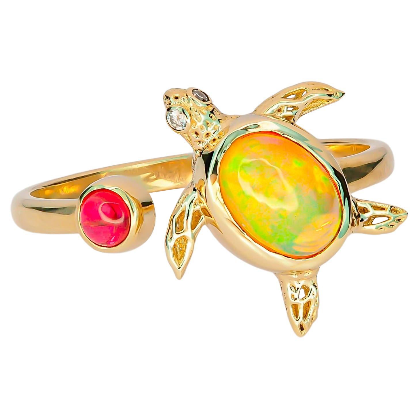 14k Gold Ring with Opal, Ruby and Diamonds, Turtle Ring For Sale at 1stDibs