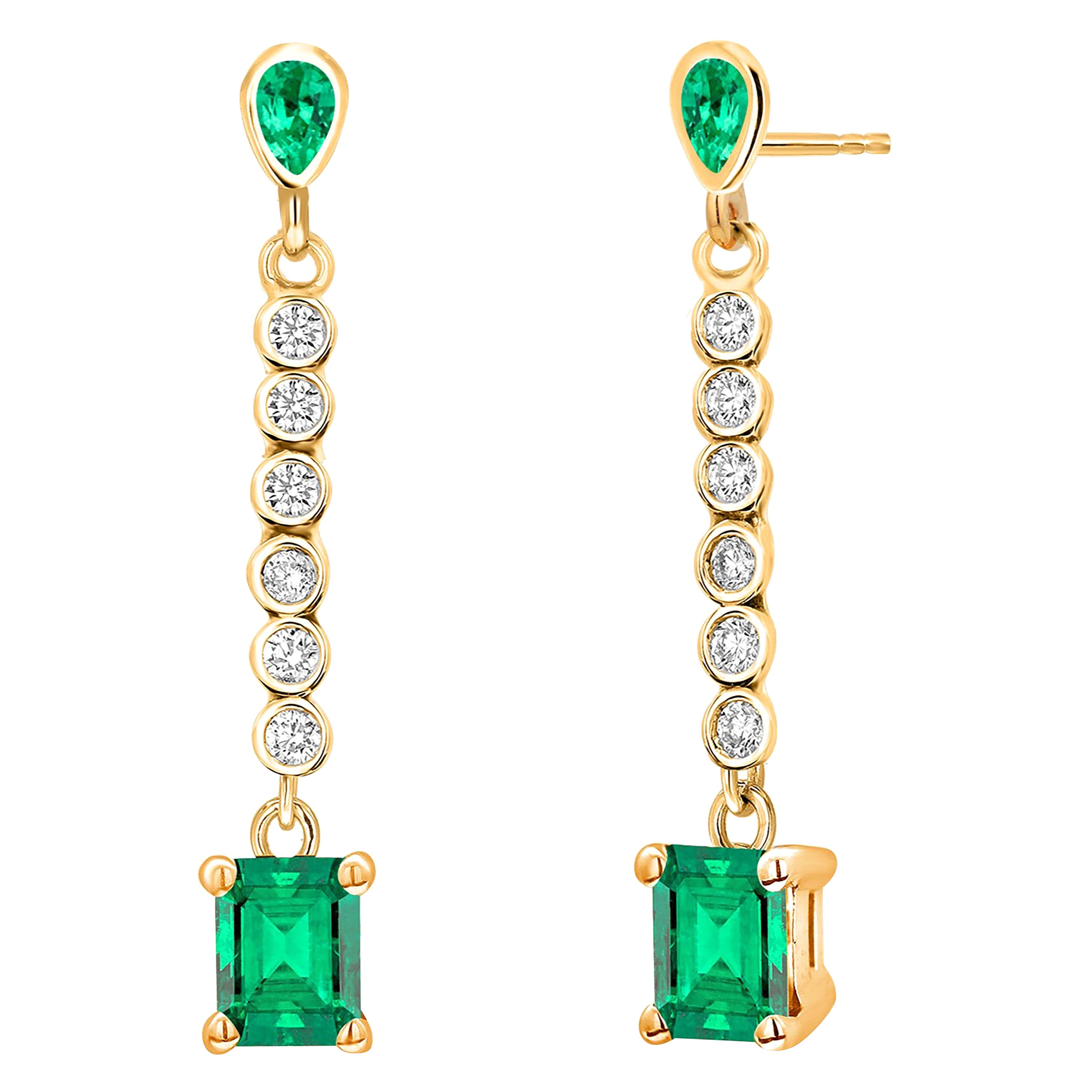 Matched Four Emeralds Linear Diamond 2 Carat Yellow Gold 1.25 Inch Long ...