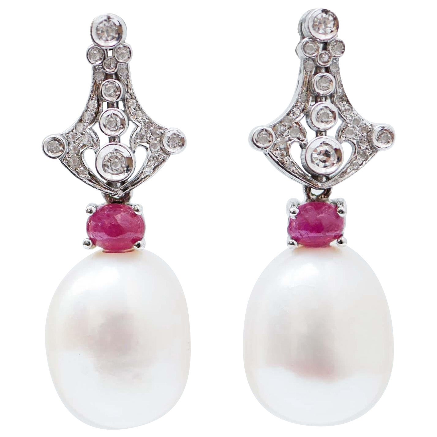 Pearls, Rubies, Diamonds, 14 Karat Rose Gold Earrings at 1stDibs