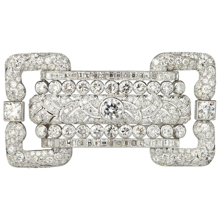 Art Deco French Large Diamond Platinum Brooch For Sale at 1stDibs