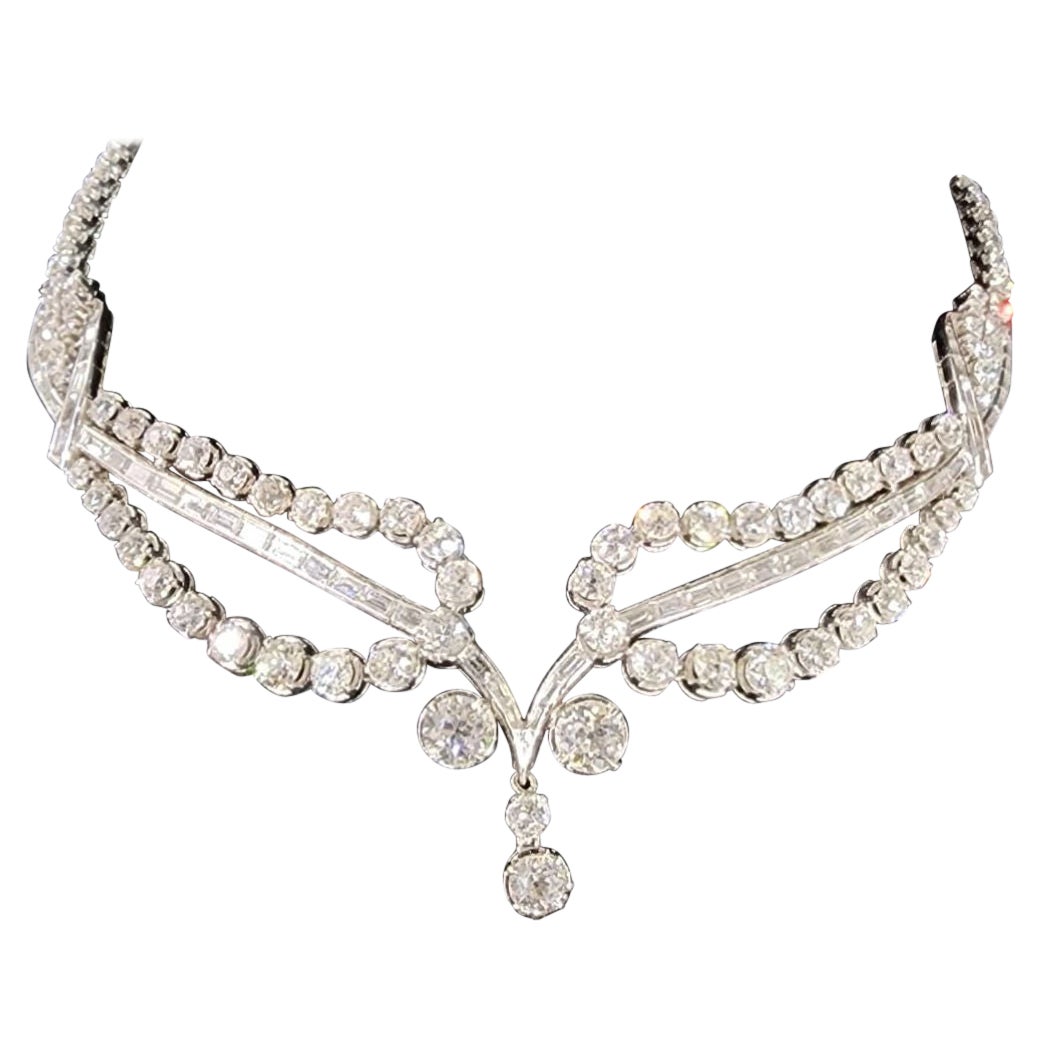 Art-Deco Old European Cut Diamond Necklace in Platinum For Sale at 1stDibs
