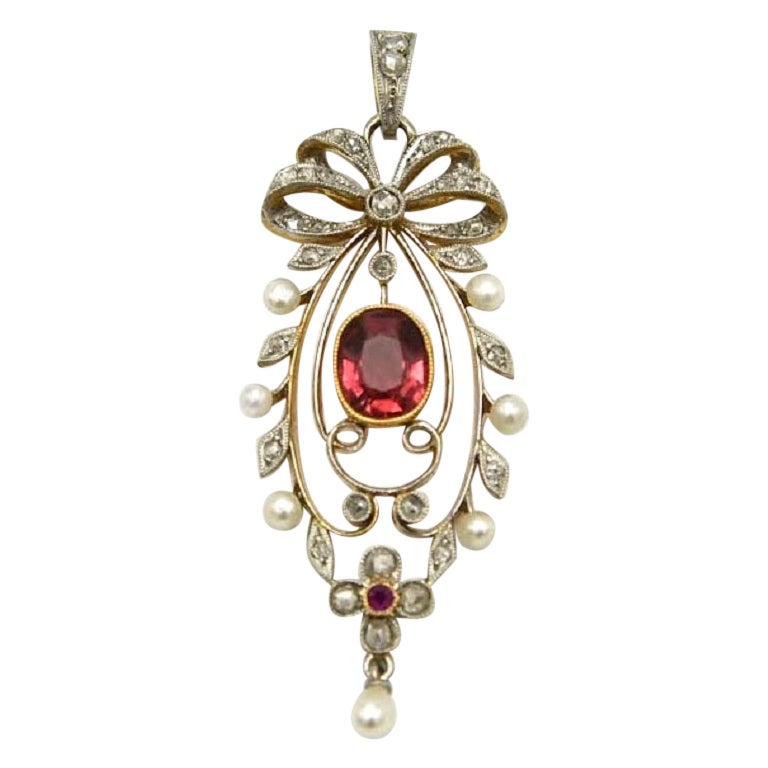 Antique Edwardian pendant with tourmalines, diamonds and pearls at 1stDibs