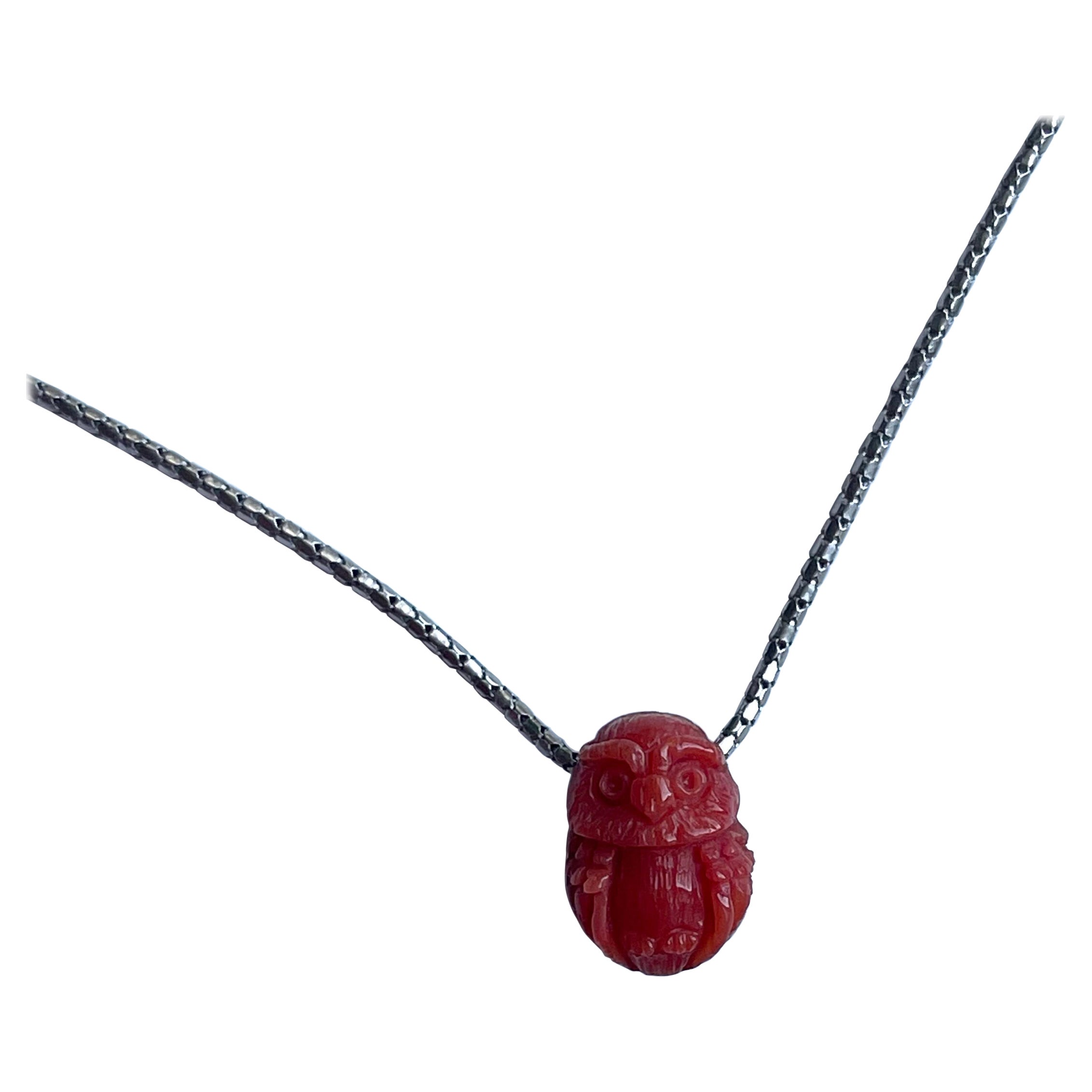 925 Sterling Silver Owl Red Mediterranean Coral Necklace For Sale at ...