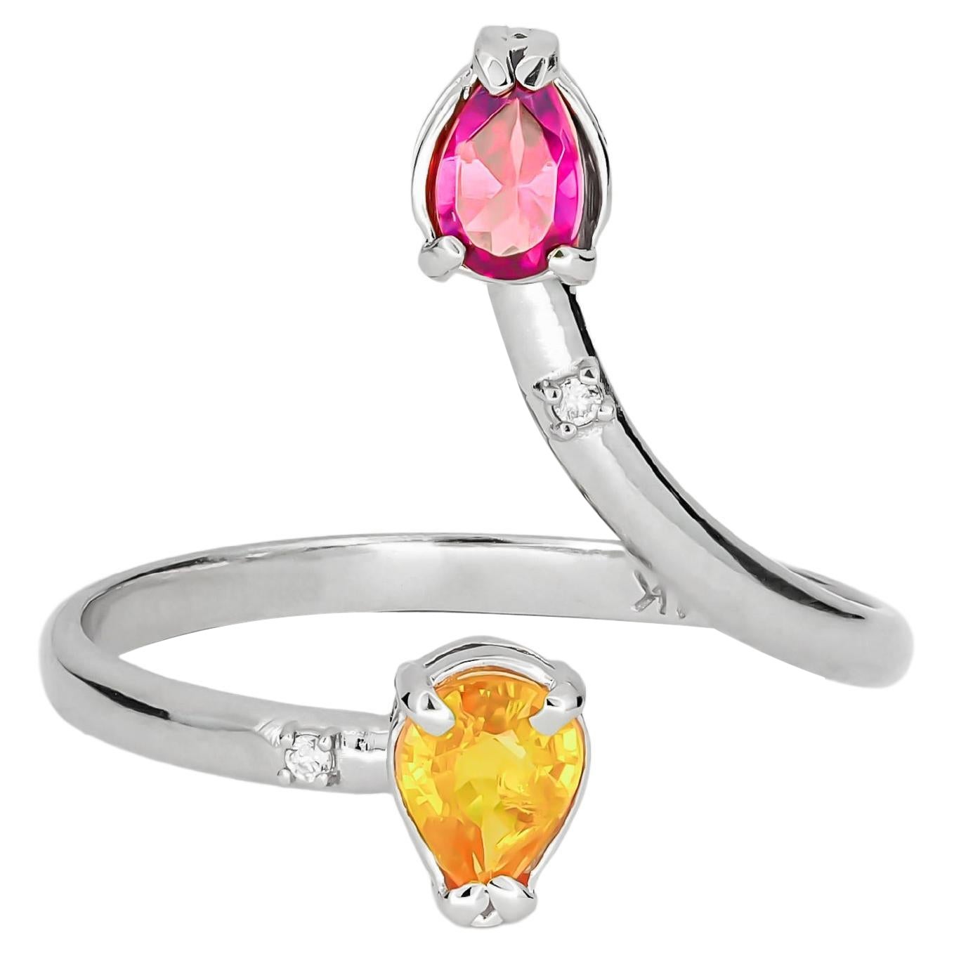 14k Gold Color Contrast Ring with Red Garnet, Yellow Sapphire and ...