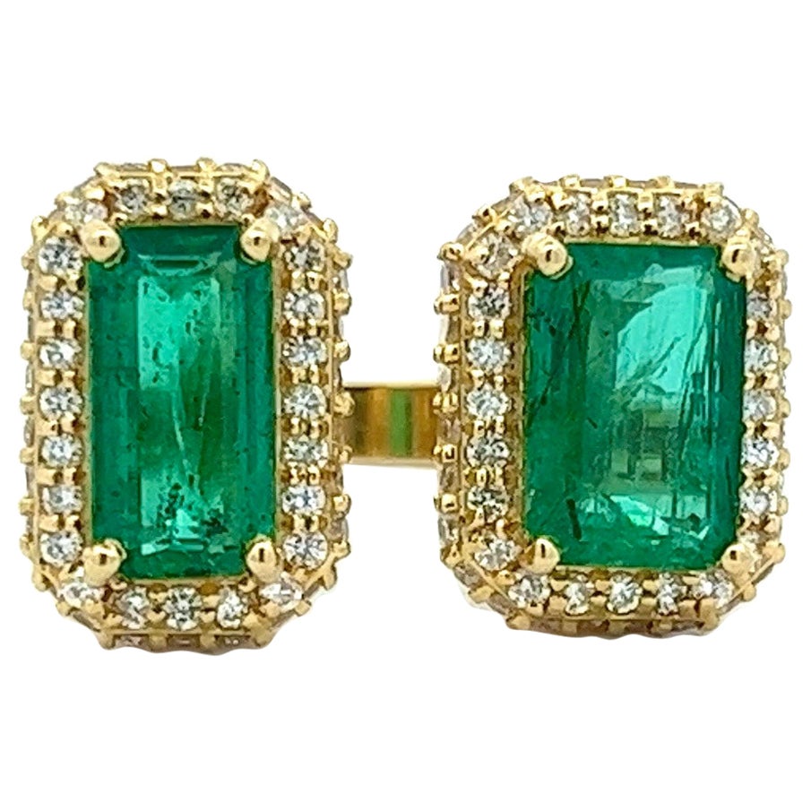 Two-Stone Emerald and Diamond 18 Karat Yellow Gold Emerald Cut Ring For ...