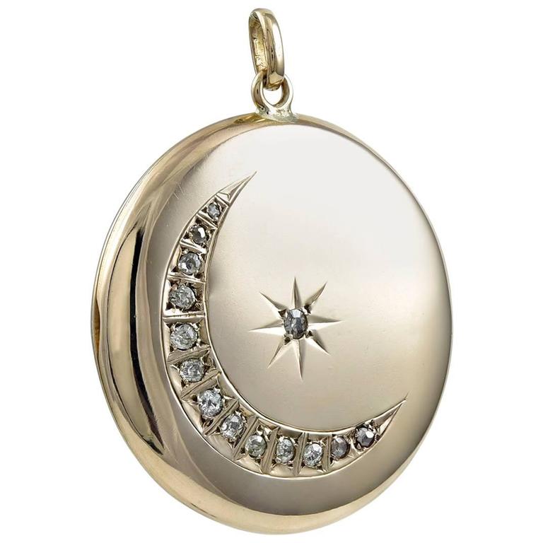 Large Antique Moon and Star Rose Gold and Diamond Locket at 1stDibs ...