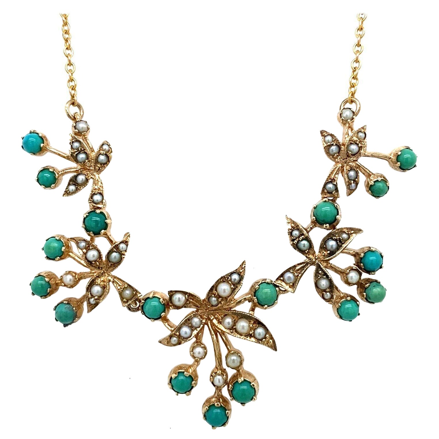 Vintage Turqoise and Pearl Necklace in 9ct Gold For Sale at 1stDibs