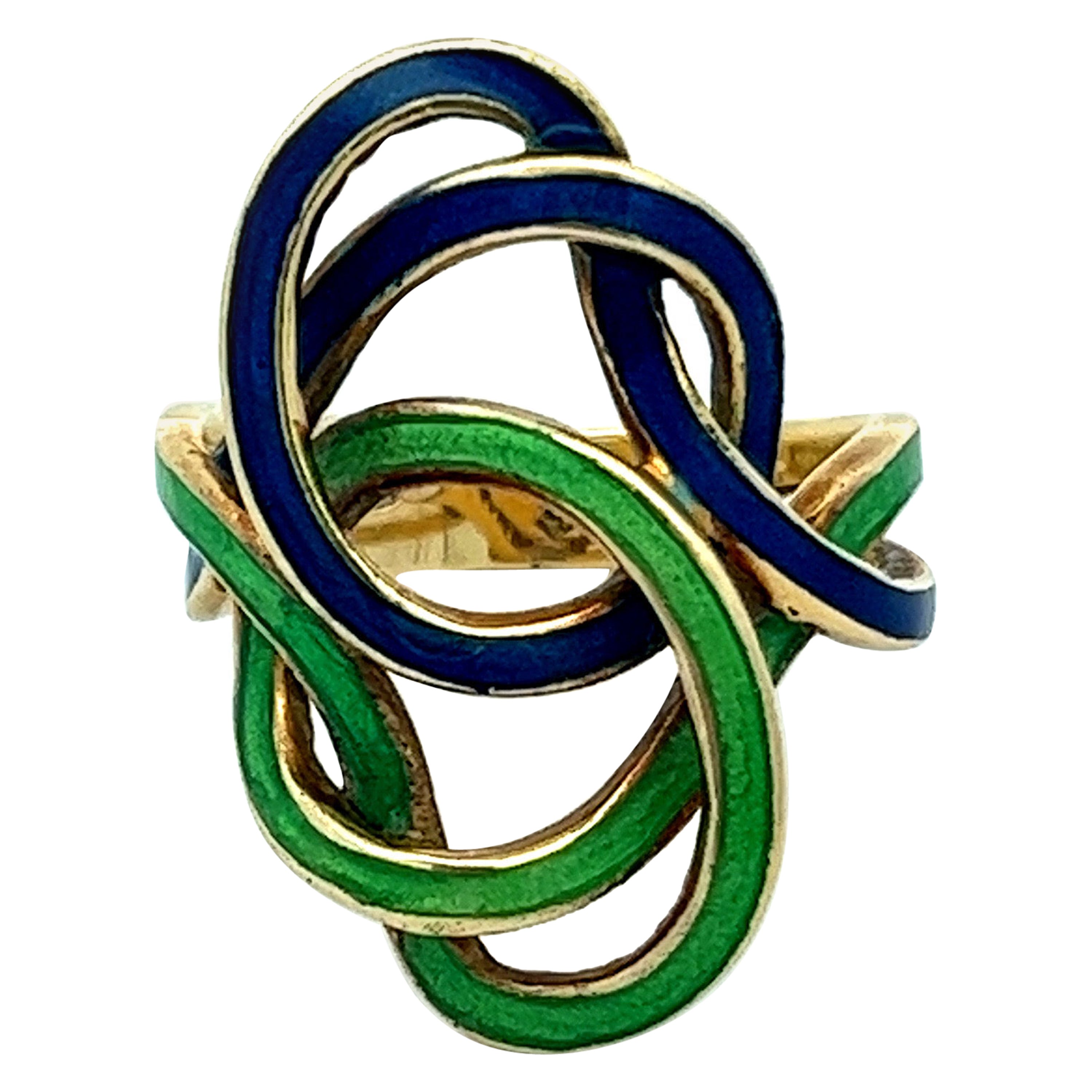 Antique 14 Karat Yellow Gold Guilloché Green and Blue Enamel Ring For ...