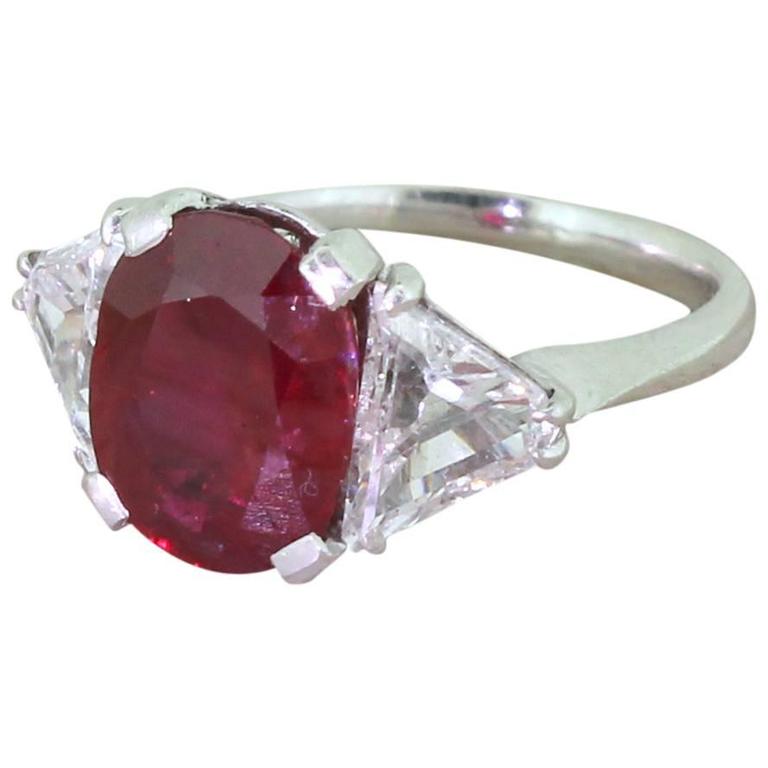 Mid Century 3.60 Carat Natural Ruby and Triangle Cut Diamond Ring ...