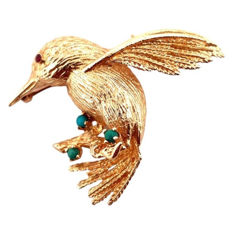 14K Yellow Gold Bird Brooch with 3 Turquoise Gemstones For Sale at 1stDibs