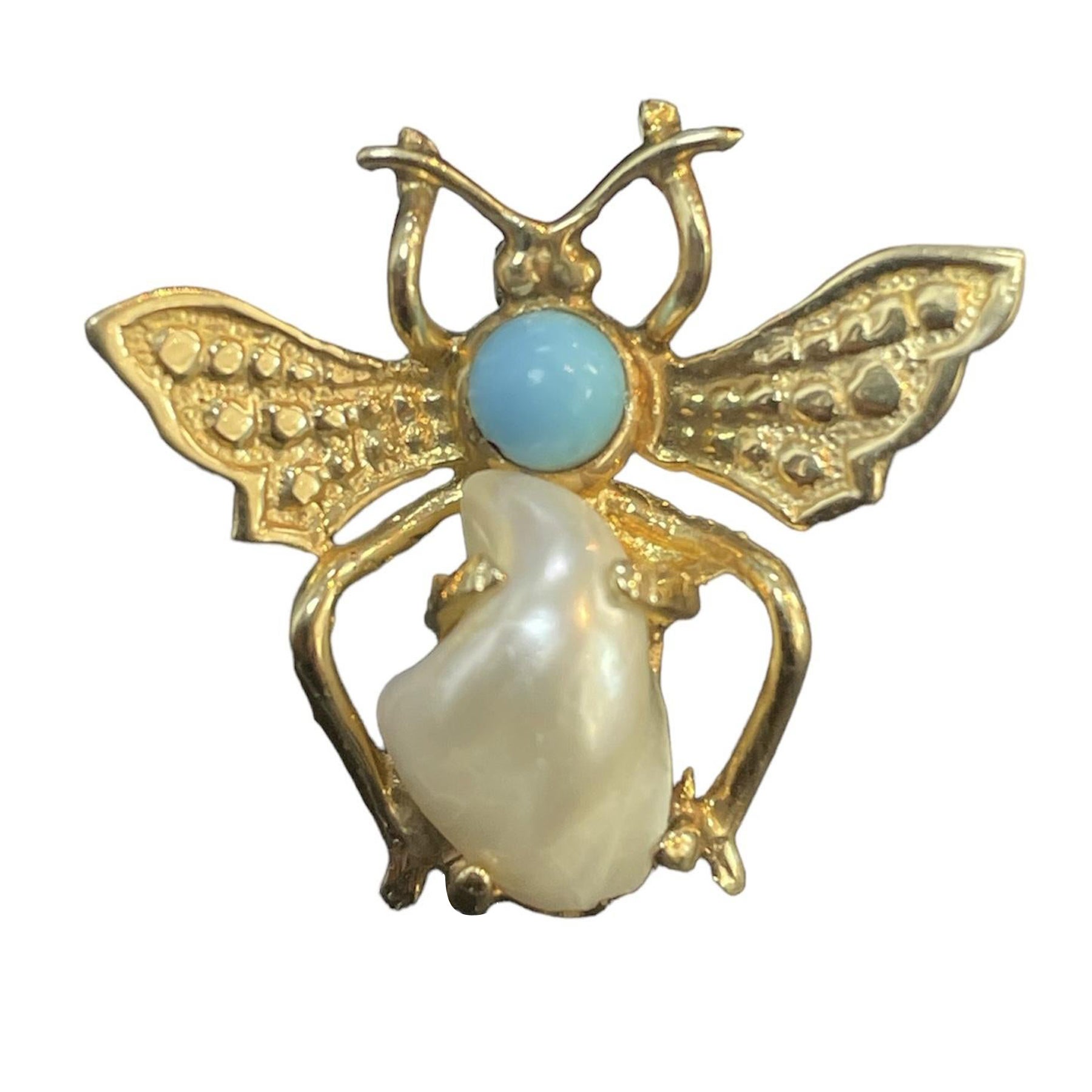 Modern 14K Yellow Gold Turquoise, Baroque Pearl, and Fly Brooch Pin For ...
