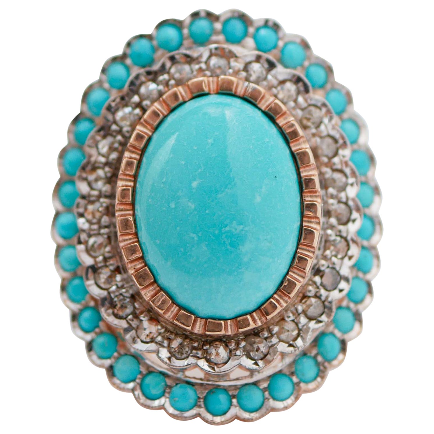 Turquoise, Diamonds, Rose Gold and Silver Ring. For Sale at 1stDibs