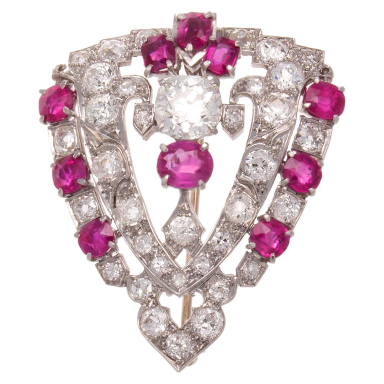 Art Deco Ruby Diamond Platinum Brooch at 1stDibs