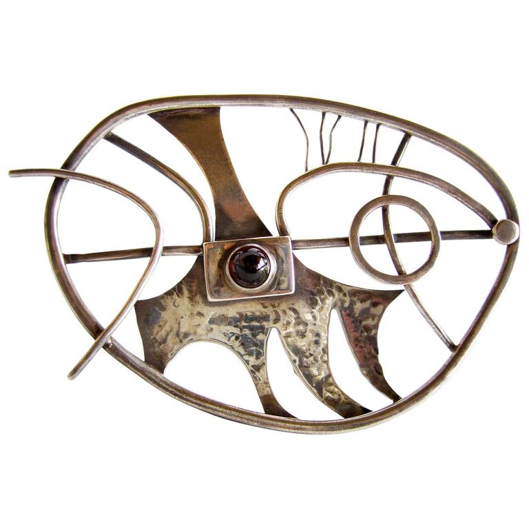Sterling Silver Garnet American Abstract Modernist Brooch For Sale at ...