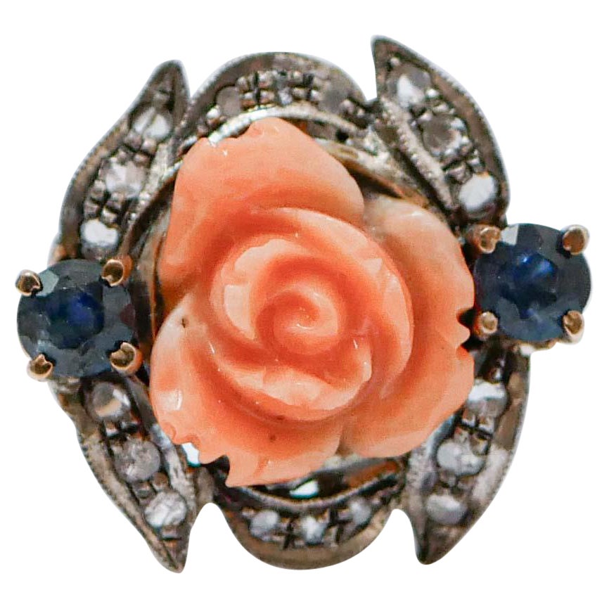 Coral, Sapphires, Emeralds, Diamonds, Rose Gold and Silver Ring. For ...