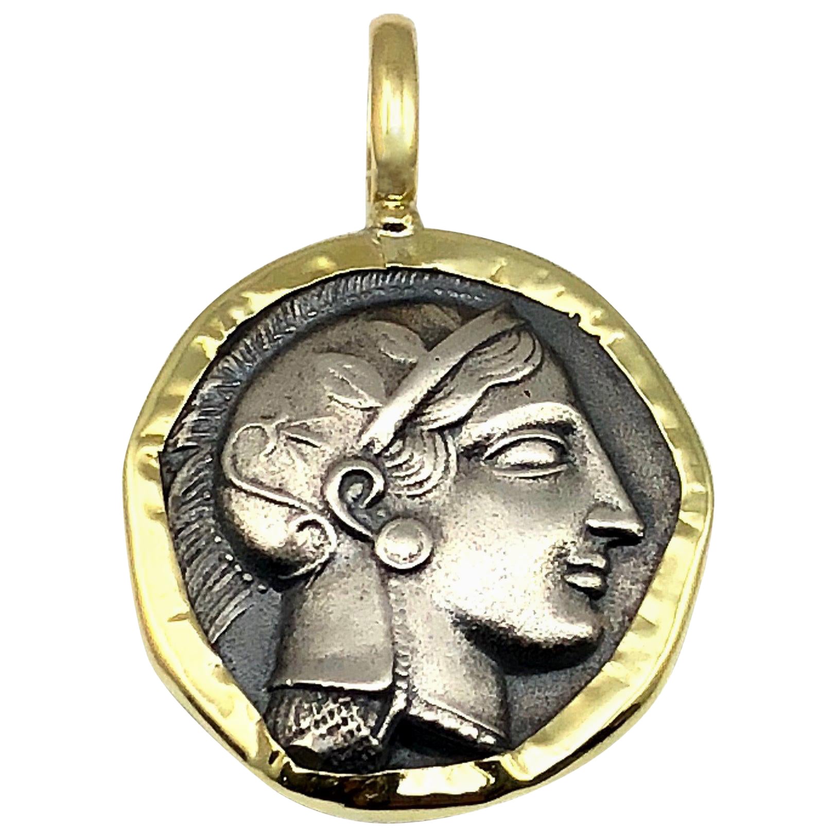 Athena Attica Ancient Silver Coin Medallion Lapis 18 Karat Yellow Gold ...