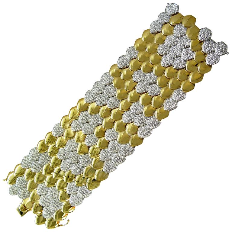 Diamond Gold Fish Scale Flexible Wide Bracelet For Sale at 1stdibs