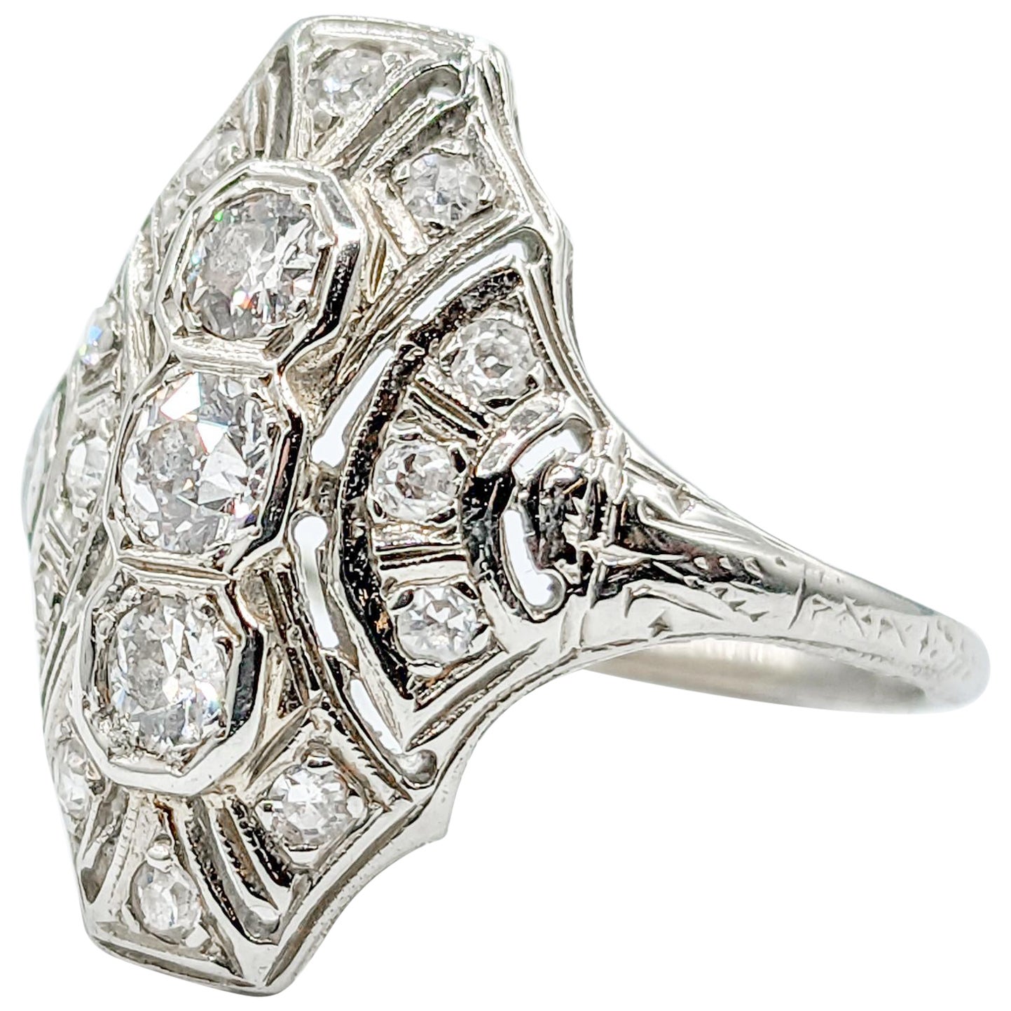 Antique Art Deco Shield Ring with Old European Diamonds and Sapphire 18K For Sale at 1stDibs